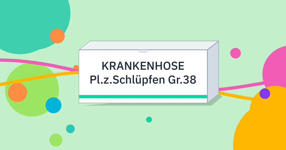 Symbolbild: Packung mit der Aufschrift KRANKENHOSE Pl.z.Schlüpfen Gr.38 (PZN 01742620) – Verfügbarkeit und Bezug in Apotheken in Frankfurt am Main