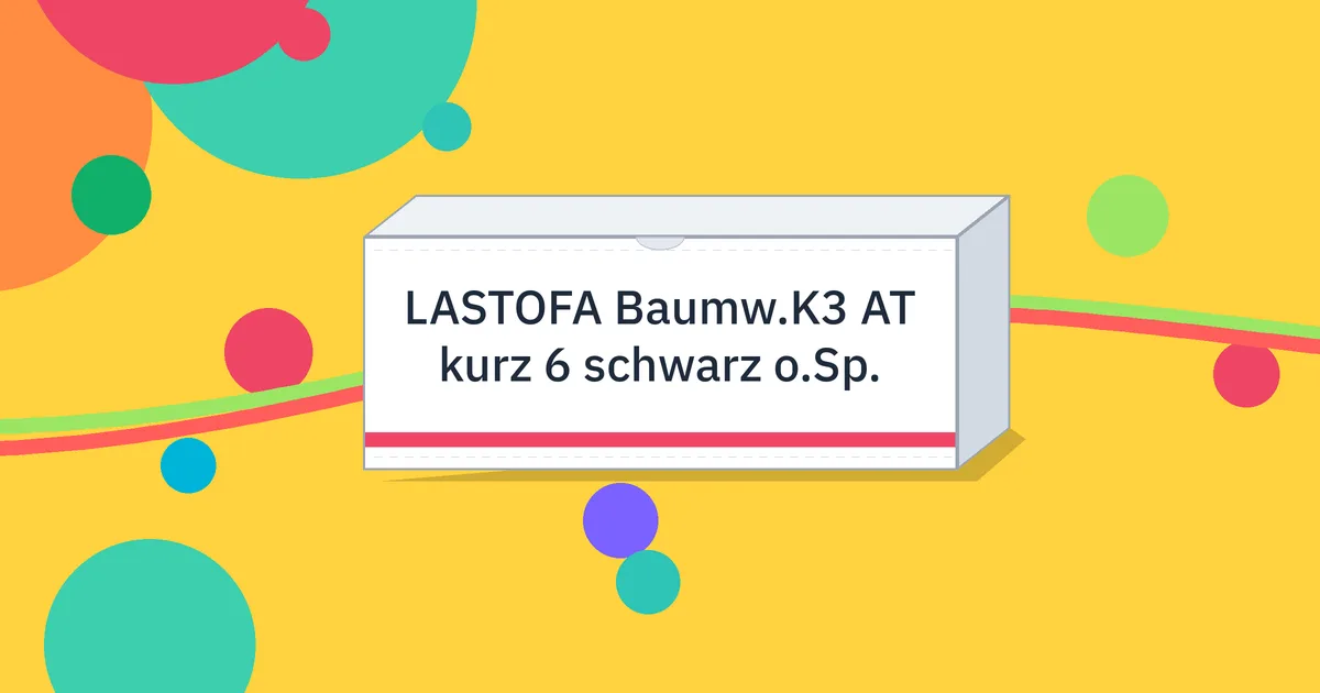 Symbolbild: Packung mit der Aufschrift LASTOFA Baumw.K3 AT kurz 6 schwarz o.Sp. (PZN 01959383) – Verfügbarkeit und Bezug in Apotheken in Frankfurt am Main