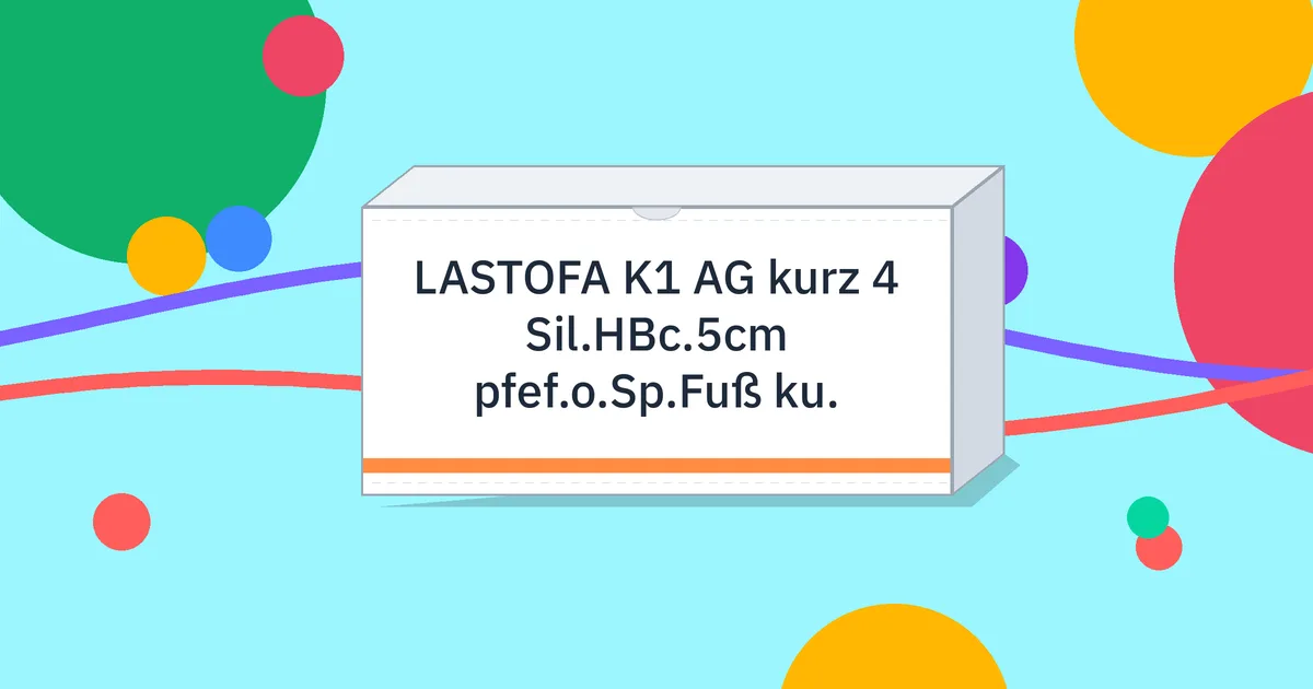 Symbolbild: Packung mit der Aufschrift LASTOFA K1 AG kurz 4 Sil.HBc.5cm pfef.o.Sp.Fuß ku. (PZN 13792741) – Verfügbarkeit und Bezug in Apotheken in Frankfurt am Main