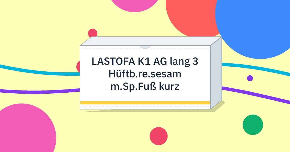 Symbolbild: Packung mit der Aufschrift LASTOFA K1 AG lang 3 Hüftb.re.sesam m.Sp.Fuß kurz (PZN 13798152) – Verfügbarkeit und Bezug in Apotheken in Frankfurt am Main