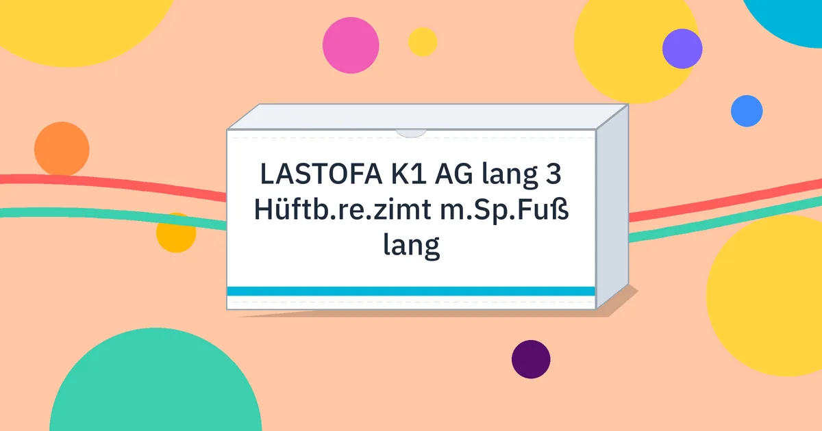 Symbolbild: Packung mit der Aufschrift LASTOFA K1 AG lang 3 Hüftb.re.zimt m.Sp.Fuß lang (PZN 13798005) – Verfügbarkeit und Bezug in Apotheken in Frankfurt am Main