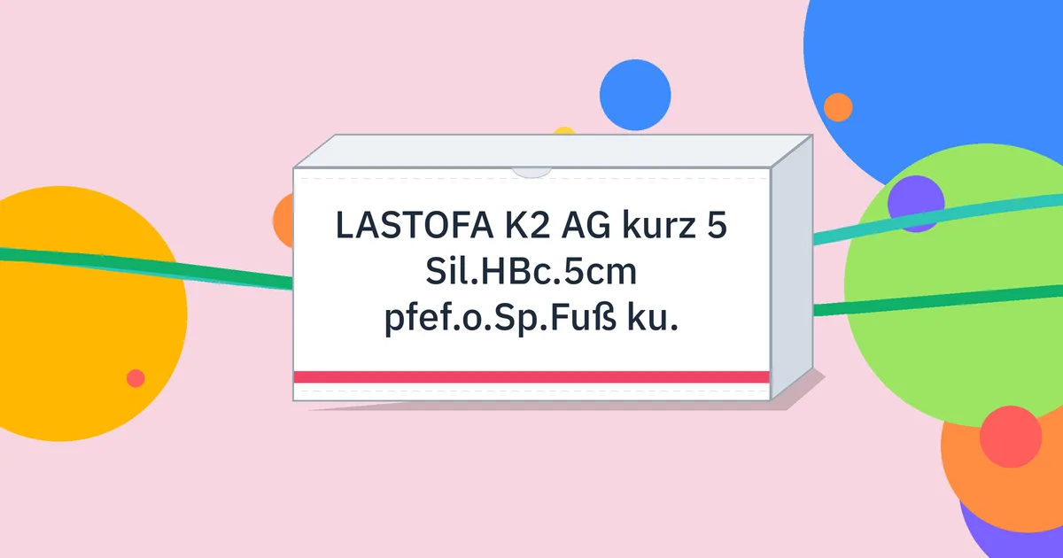 Symbolbild: Packung mit der Aufschrift LASTOFA K2 AG kurz 5 Sil.HBc.5cm pfef.o.Sp.Fuß ku. (PZN 13807075) – Verfügbarkeit und Bezug in Apotheken in Frankfurt am Main
