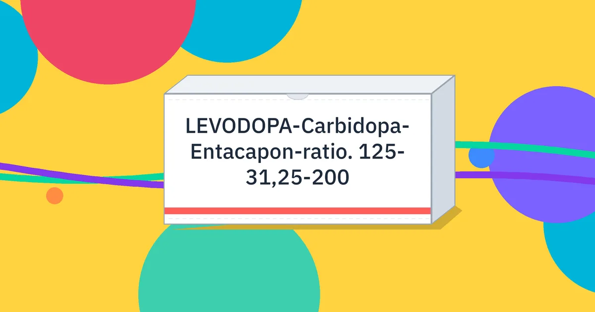Symbolbild: Packung mit der Aufschrift LEVODOPA-Carbidopa-Entacapon-ratio. 125-31,25-200 (PZN 10221771) – Verfügbarkeit und Bezug in Apotheken in Frankfurt am Main