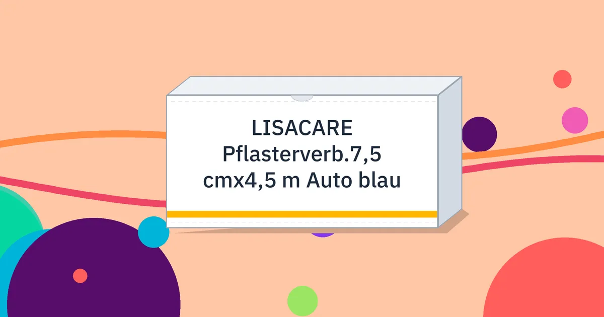 Symbolbild: Packung mit der Aufschrift LISACARE Pflasterverb.7,5 cmx4,5 m Auto blau (PZN 17892824) – Verfügbarkeit und Bezug in Apotheken in Frankfurt am Main