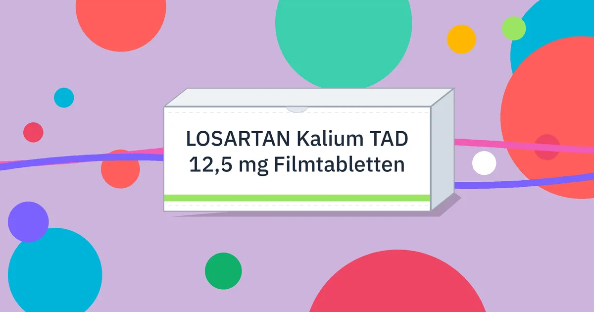 Symbolbild: Packung mit der Aufschrift LOSARTAN Kalium TAD 12,5 mg Filmtabletten (PZN 02818064) – Verfügbarkeit und Bezug in Apotheken in Frankfurt am Main