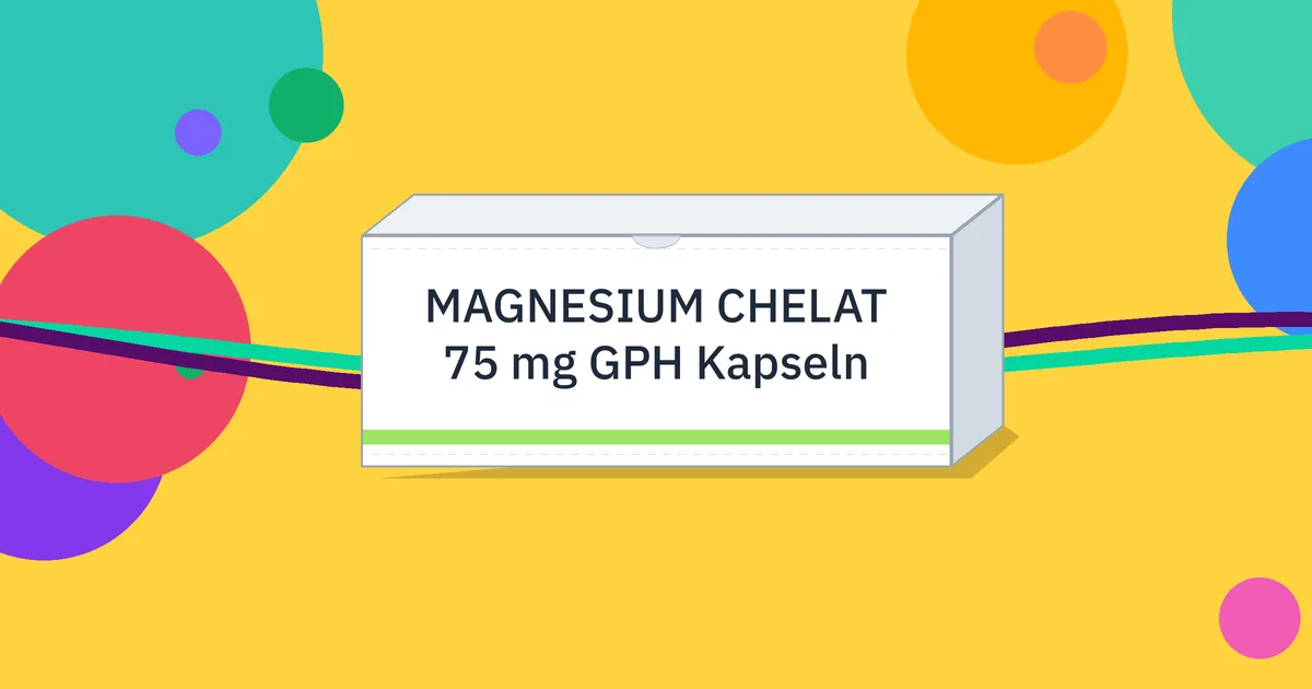 Symbolbild: Packung mit der Aufschrift MAGNESIUM CHELAT 75 mg GPH Kapseln (PZN 10081643) – Verfügbarkeit und Bezug in Apotheken in Frankfurt am Main
