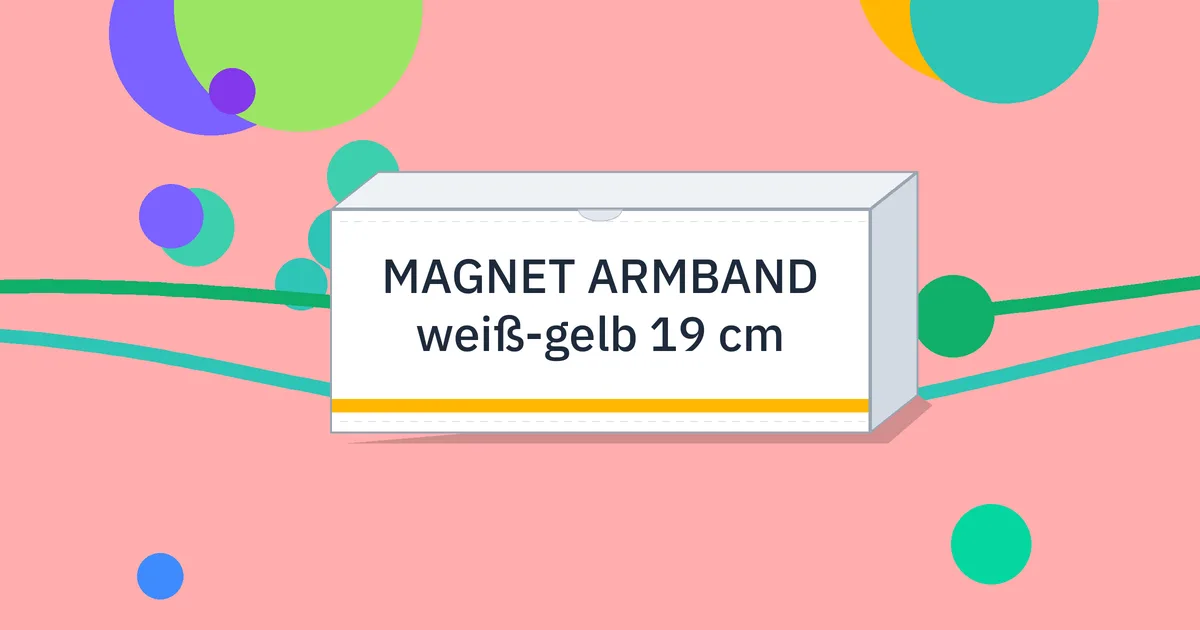 Symbolbild: Packung mit der Aufschrift MAGNET ARMBAND weiß-gelb 19 cm (PZN 03655204) – Verfügbarkeit und Bezug in Apotheken in Frankfurt am Main