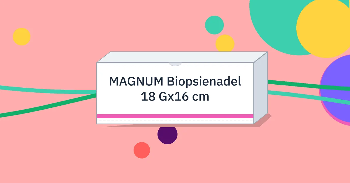 Symbolbild: Packung mit der Aufschrift MAGNUM Biopsienadel 18 Gx16 cm (PZN 03405803) – Verfügbarkeit und Bezug in Apotheken in Frankfurt am Main