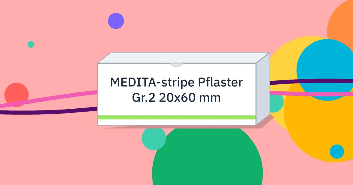 Symbolbild: Packung mit der Aufschrift MEDITA-stripe Pflaster Gr.2 20x60 mm (PZN 19451840) – Verfügbarkeit und Bezug in Apotheken in Frankfurt am Main