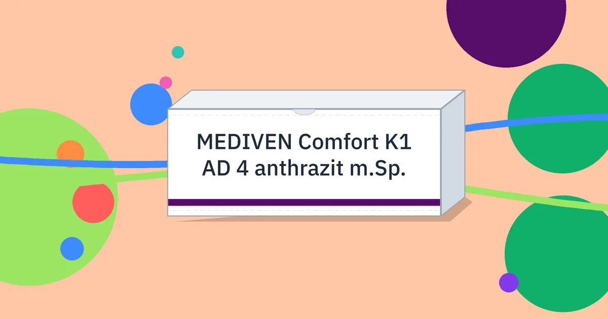Symbolbild: Packung mit der Aufschrift MEDIVEN Comfort K1 AD 4 anthrazit m.Sp. (PZN 14558674) – Verfügbarkeit und Bezug in Apotheken in Frankfurt am Main