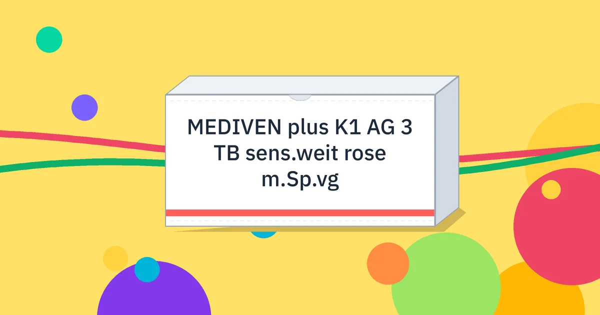 Symbolbild: Packung mit der Aufschrift MEDIVEN plus K1 AG 3 TB sens.weit rose m.Sp.vg (PZN 15065347) – Verfügbarkeit und Bezug in Apotheken in Frankfurt am Main