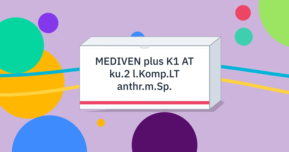 Symbolbild: Packung mit der Aufschrift MEDIVEN plus K1 AT ku.2 l.Komp.LT anthr.m.Sp. (PZN 15028837) – Verfügbarkeit und Bezug in Apotheken in Frankfurt am Main