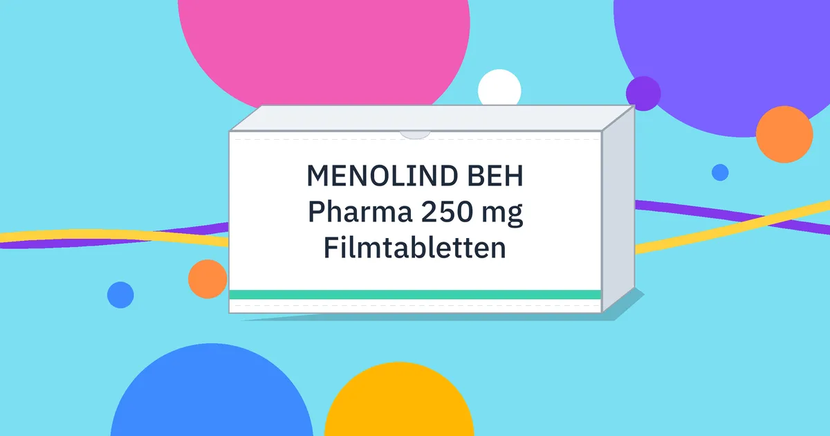 Symbolbild: Packung mit der Aufschrift MENOLIND BEH Pharma 250 mg Filmtabletten (PZN 19798006) – Verfügbarkeit und Bezug in Apotheken in Frankfurt am Main