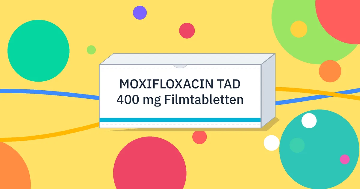 Symbolbild: Packung mit der Aufschrift MOXIFLOXACIN TAD 400 mg Filmtabletten (PZN 10526915) – Verfügbarkeit und Bezug in Apotheken in Frankfurt am Main