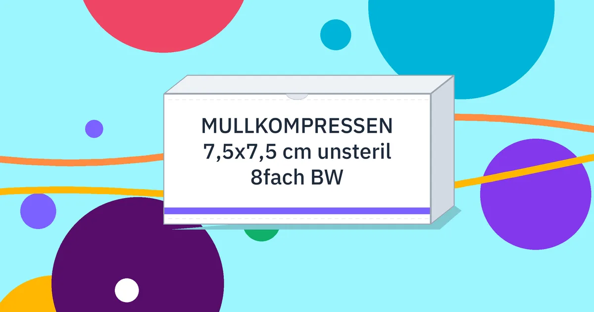 Symbolbild: Packung mit der Aufschrift MULLKOMPRESSEN 7,5x7,5 cm unsteril 8fach BW (PZN 07412786) – Verfügbarkeit und Bezug in Apotheken in Frankfurt am Main