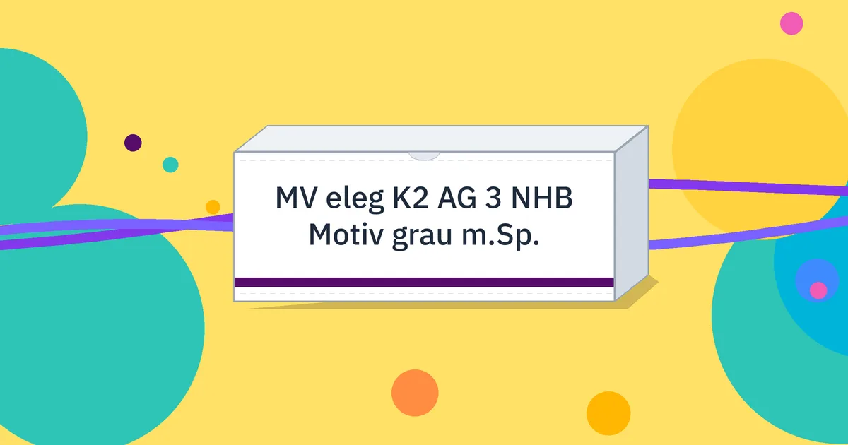 Symbolbild: Packung mit der Aufschrift MV eleg K2 AG 3 NHB Motiv grau m.Sp. (PZN 18929860) – Verfügbarkeit und Bezug in Apotheken in Frankfurt am Main