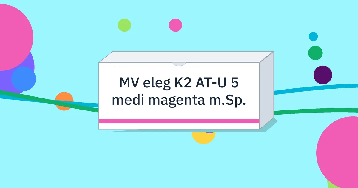 Symbolbild: Packung mit der Aufschrift MV eleg K2 AT-U 5 medi magenta m.Sp. (PZN 15290481) – Verfügbarkeit und Bezug in Apotheken in Frankfurt am Main