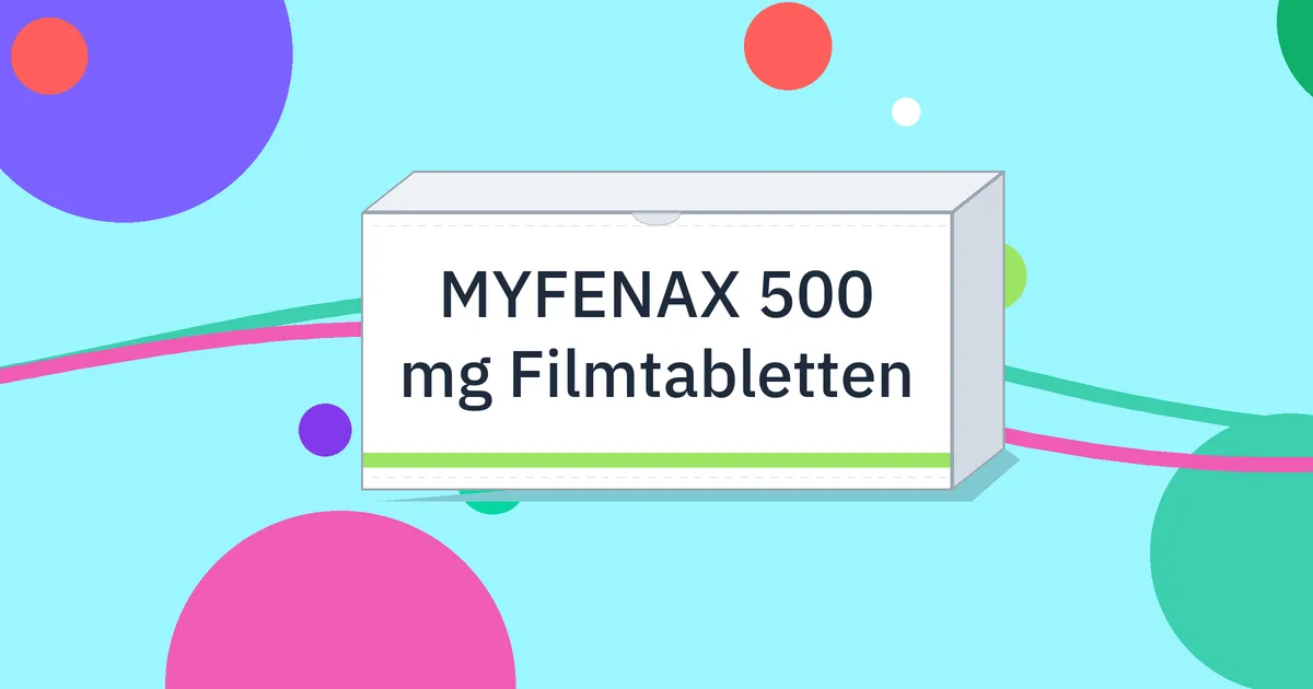 Symbolbild: Packung mit der Aufschrift MYFENAX 500 mg Filmtabletten (PZN 16134033) – Verfügbarkeit und Bezug in Apotheken in Frankfurt am Main