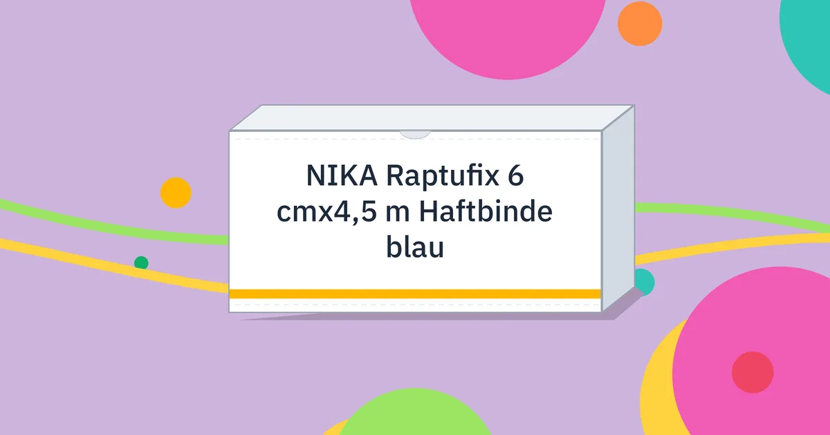 Symbolbild: Packung mit der Aufschrift NIKA Raptufix 6 cmx4,5 m Haftbinde blau (PZN 19078559) – Verfügbarkeit und Bezug in Apotheken in Frankfurt am Main