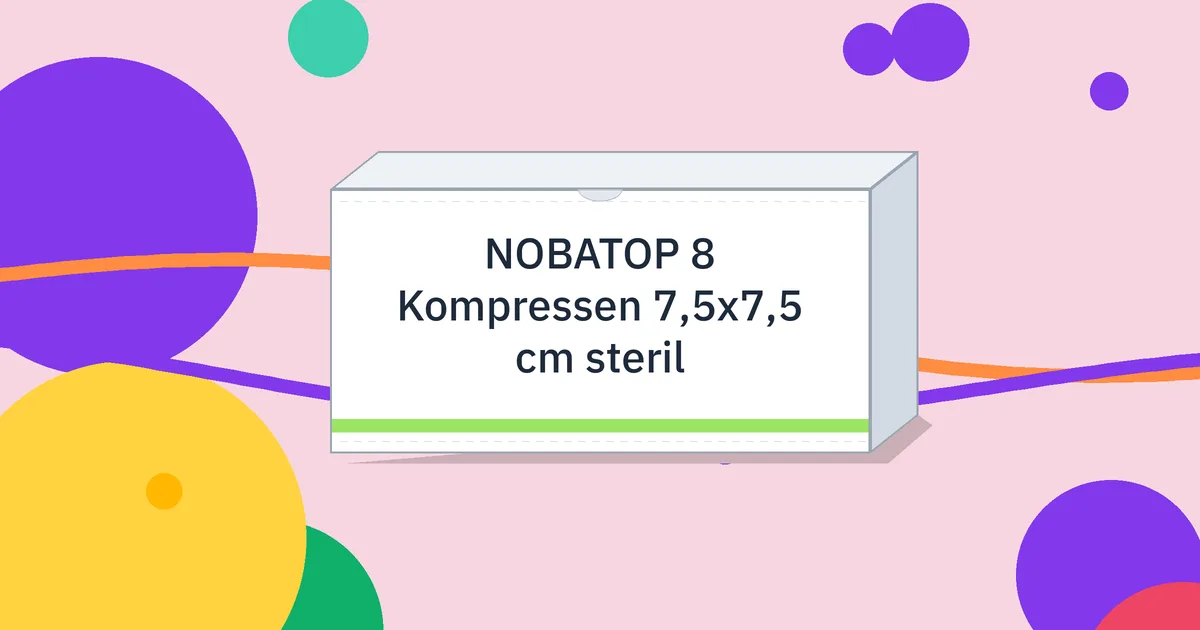 Symbolbild: Packung mit der Aufschrift NOBATOP 8 Kompressen 7,5x7,5 cm steril (PZN 10084067) – Verfügbarkeit und Bezug in Apotheken in Frankfurt am Main