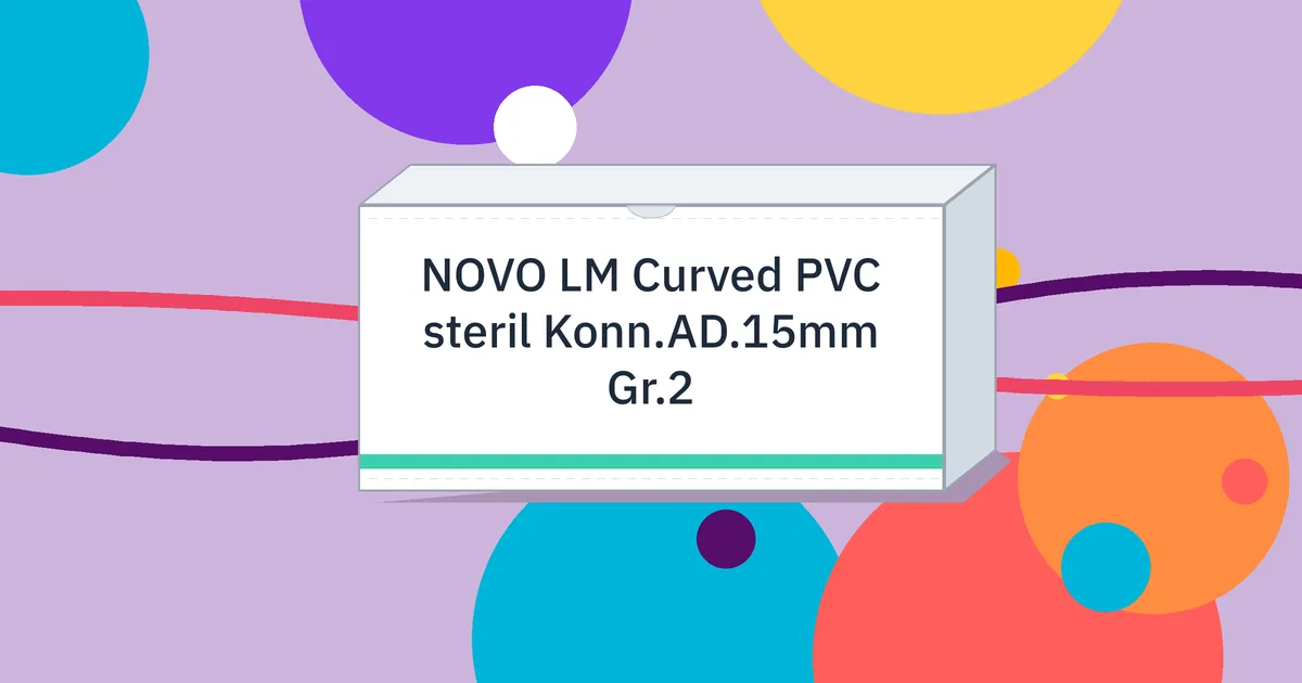 Symbolbild: Packung mit der Aufschrift NOVO LM Curved PVC steril Konn.AD.15mm Gr.2 (PZN 19118879) – Verfügbarkeit und Bezug in Apotheken in Frankfurt am Main