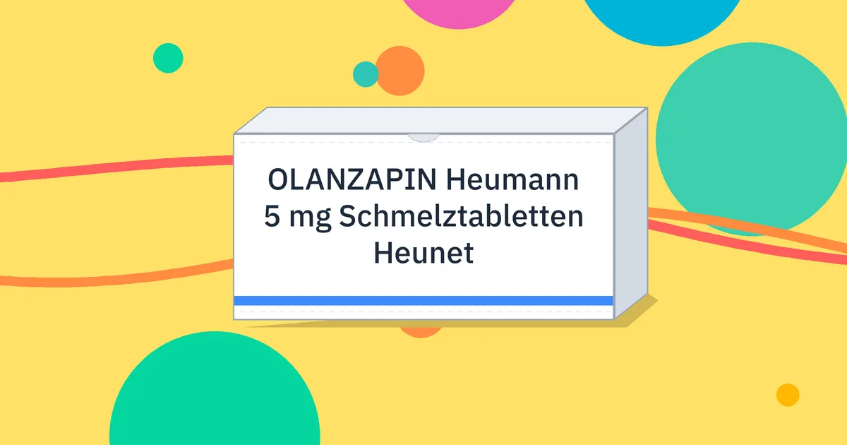 Symbolbild: Packung mit der Aufschrift OLANZAPIN Heumann 5 mg Schmelztabletten Heunet (PZN 09100097) – Verfügbarkeit und Bezug in Apotheken in Frankfurt am Main