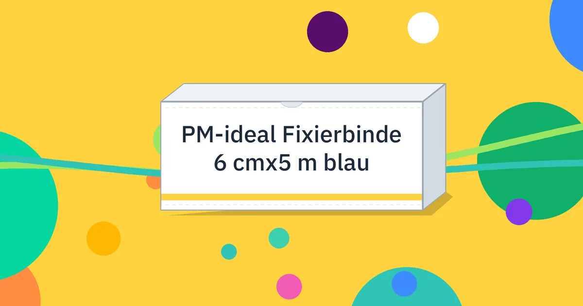 Symbolbild: Packung mit der Aufschrift PM-ideal Fixierbinde 6 cmx5 m blau (PZN 18844632) – Verfügbarkeit und Bezug in Apotheken in Frankfurt am Main