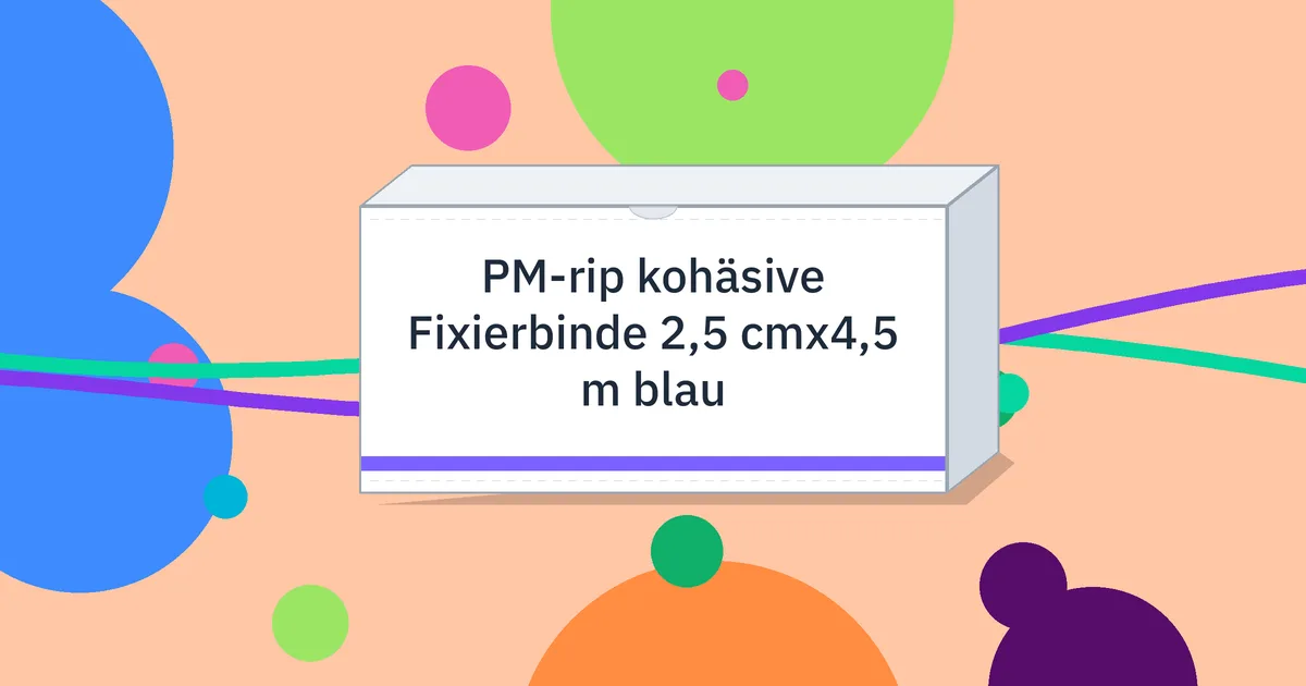 Symbolbild: Packung mit der Aufschrift PM-rip kohäsive Fixierbinde 2,5 cmx4,5 m blau (PZN 18845287) – Verfügbarkeit und Bezug in Apotheken in Frankfurt am Main