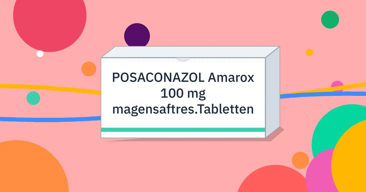 Symbolbild: Packung mit der Aufschrift POSACONAZOL Amarox 100 mg magensaftres.Tabletten (PZN 18882443) – Verfügbarkeit und Bezug in Apotheken in Frankfurt am Main