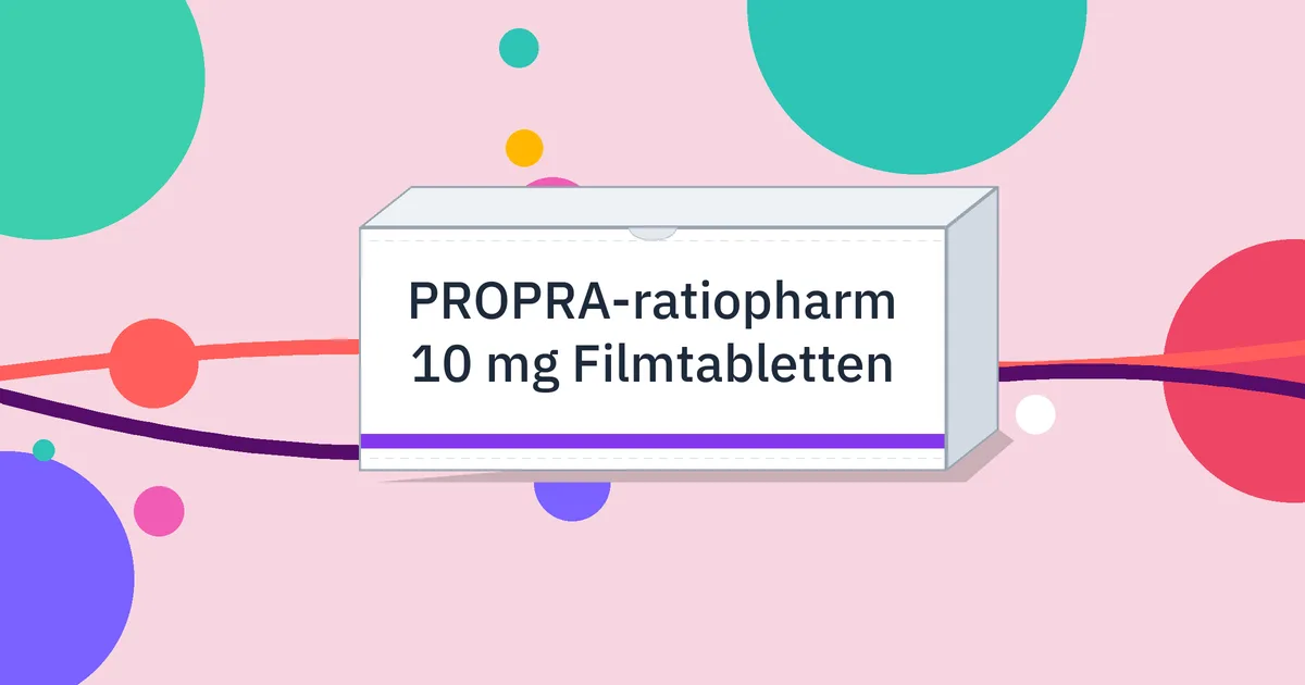Symbolbild: Packung mit der Aufschrift PROPRA-ratiopharm 10 mg Filmtabletten (PZN 02747252) – Verfügbarkeit und Bezug in Apotheken in Frankfurt am Main