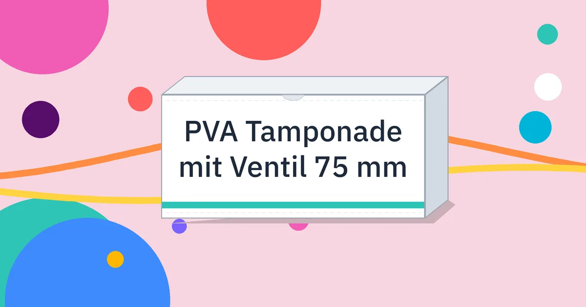 Symbolbild: Packung mit der Aufschrift PVA Tamponade mit Ventil 75 mm (PZN 20642924) – Verfügbarkeit und Bezug in Apotheken in Frankfurt am Main