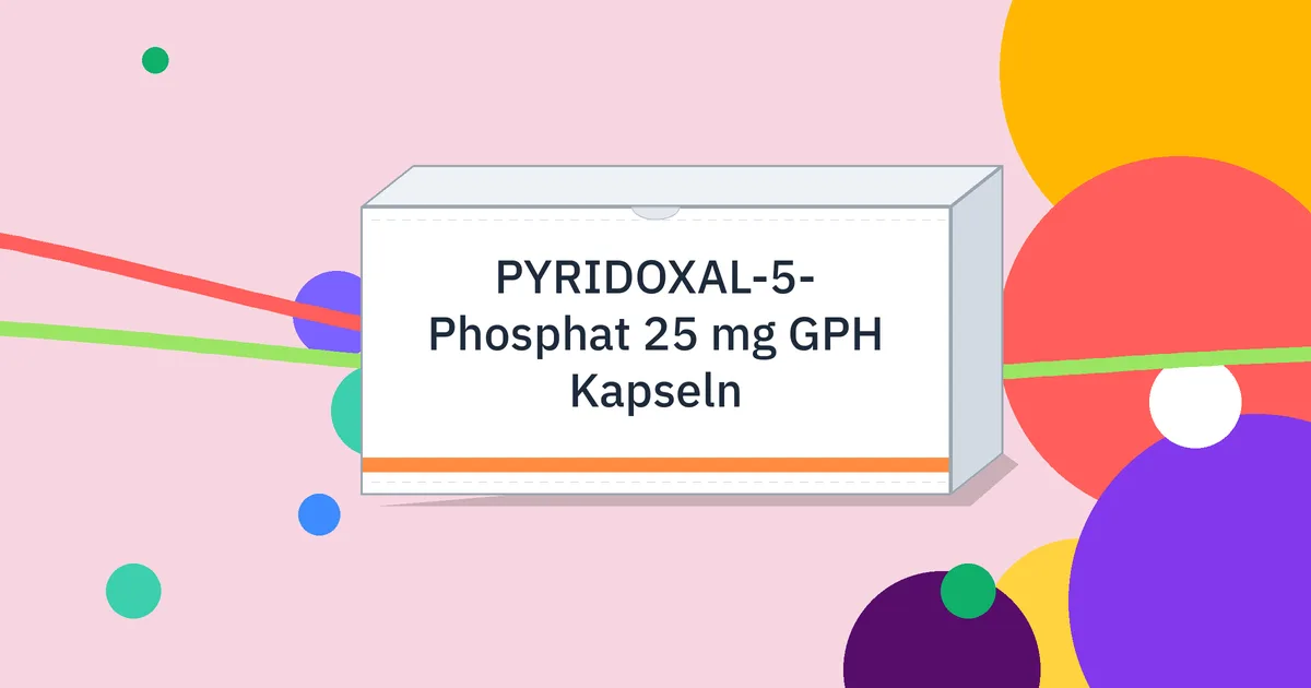 Symbolbild: Packung mit der Aufschrift PYRIDOXAL-5-Phosphat 25 mg GPH Kapseln (PZN 20091186) – Verfügbarkeit und Bezug in Apotheken in Frankfurt am Main