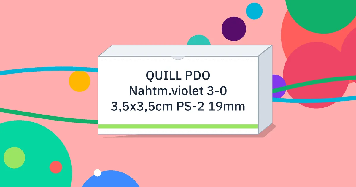 Symbolbild: Packung mit der Aufschrift QUILL PDO Nahtm.violet 3-0 3,5x3,5cm PS-2 19mm (PZN 17989340) – Verfügbarkeit und Bezug in Apotheken in Frankfurt am Main