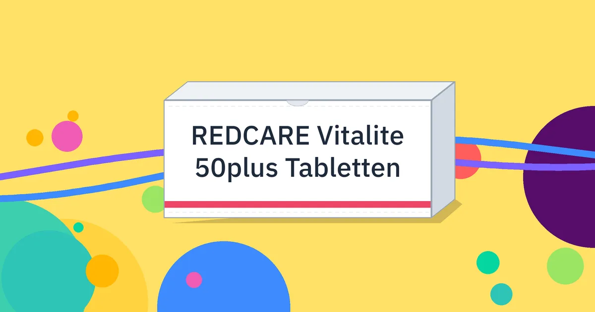 Symbolbild: Packung mit der Aufschrift REDCARE Vitalite 50plus Tabletten (PZN 19470352) – Verfügbarkeit und Bezug in Apotheken in Frankfurt am Main