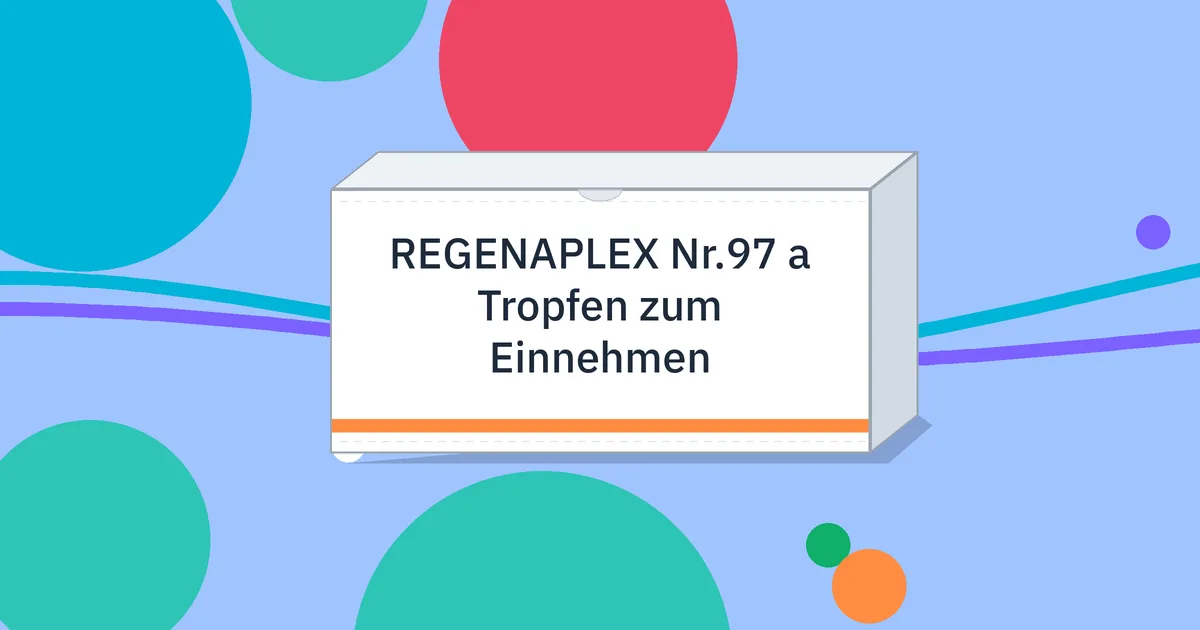 Symbolbild: Packung mit der Aufschrift REGENAPLEX Nr.97 a Tropfen zum Einnehmen (PZN 02643535) – Verfügbarkeit und Bezug in Apotheken in Frankfurt am Main