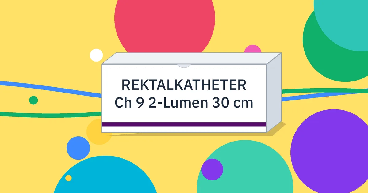 Symbolbild: Packung mit der Aufschrift REKTALKATHETER Ch 9 2-Lumen 30 cm (PZN 14361434) – Verfügbarkeit und Bezug in Apotheken in Frankfurt am Main