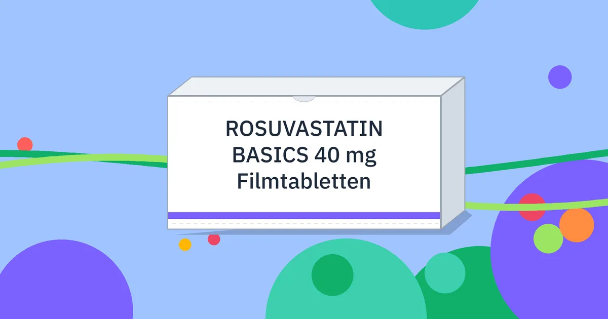 Symbolbild: Packung mit der Aufschrift ROSUVASTATIN BASICS 40 mg Filmtabletten (PZN 19621377) – Verfügbarkeit und Bezug in Apotheken in Frankfurt am Main