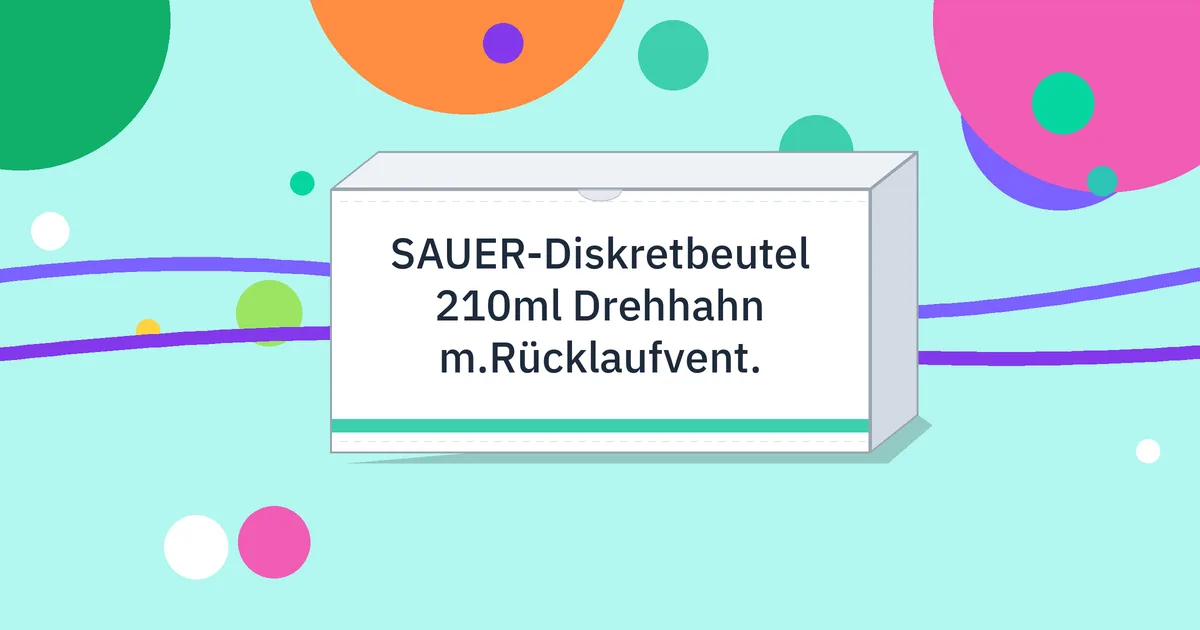 Symbolbild: Packung mit der Aufschrift SAUER-Diskretbeutel 210ml Drehhahn m.Rücklaufvent. (PZN 18782658) – Verfügbarkeit und Bezug in Apotheken in Frankfurt am Main