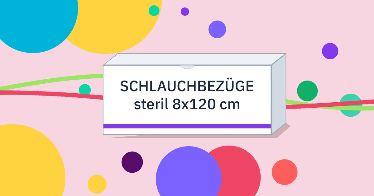 Symbolbild: Packung mit der Aufschrift SCHLAUCHBEZÜGE steril 8x120 cm (PZN 03719683) – Verfügbarkeit und Bezug in Apotheken in Frankfurt am Main