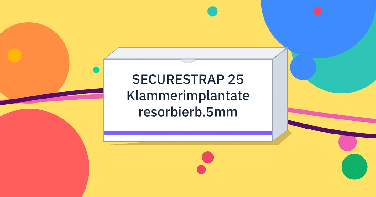 Symbolbild: Packung mit der Aufschrift SECURESTRAP 25 Klammerimplantate resorbierb.5mm (PZN 09397140) – Verfügbarkeit und Bezug in Apotheken in Frankfurt am Main