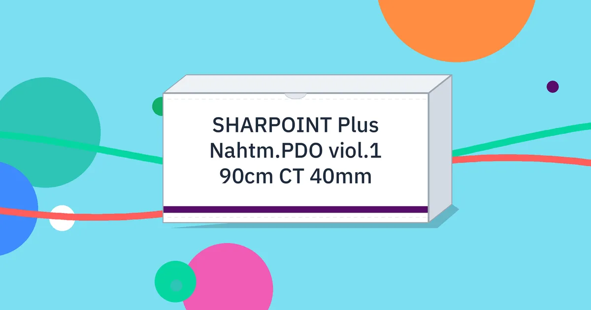 Symbolbild: Packung mit der Aufschrift SHARPOINT Plus Nahtm.PDO viol.1 90cm CT 40mm (PZN 17994312) – Verfügbarkeit und Bezug in Apotheken in Frankfurt am Main