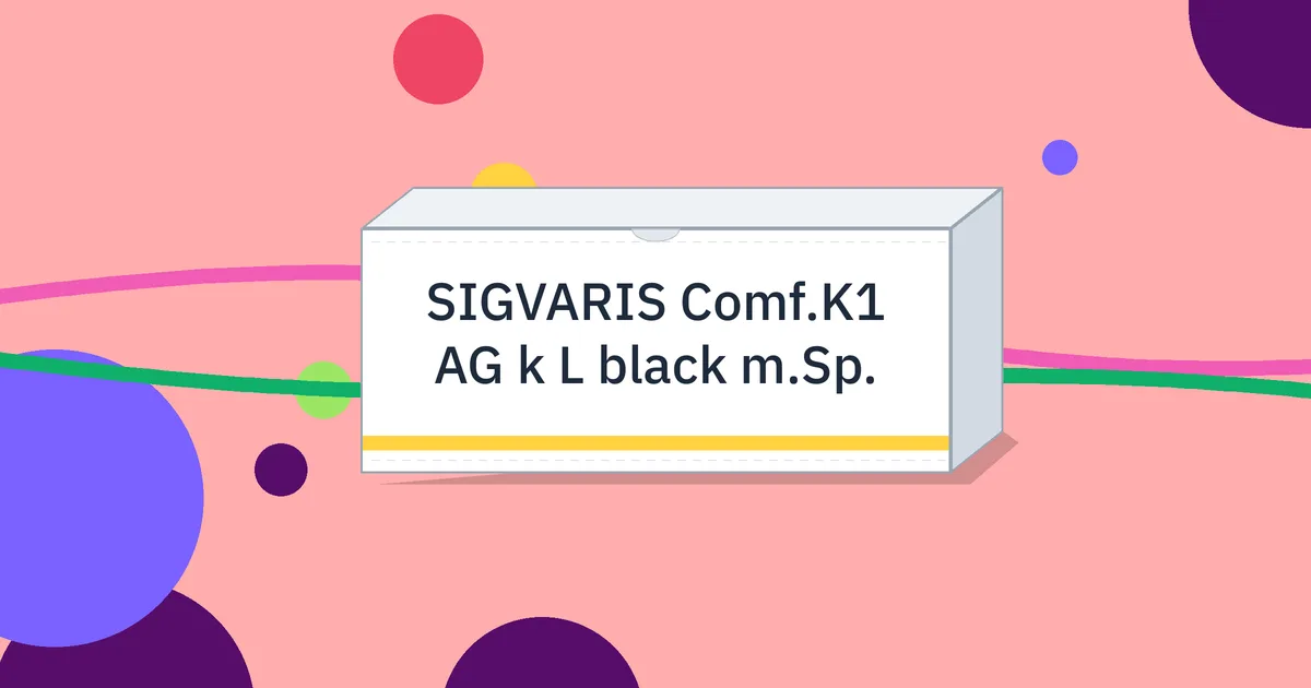 Symbolbild: Packung mit der Aufschrift SIGVARIS Comf.K1 AG k L black m.Sp. (PZN 17043284) – Verfügbarkeit und Bezug in Apotheken in Frankfurt am Main