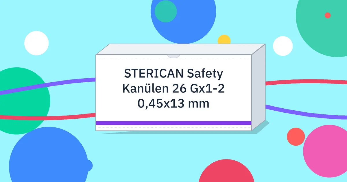 Symbolbild: Packung mit der Aufschrift STERICAN Safety Kanülen 26 Gx1-2 0,45x13 mm (PZN 18472544) – Verfügbarkeit und Bezug in Apotheken in Frankfurt am Main