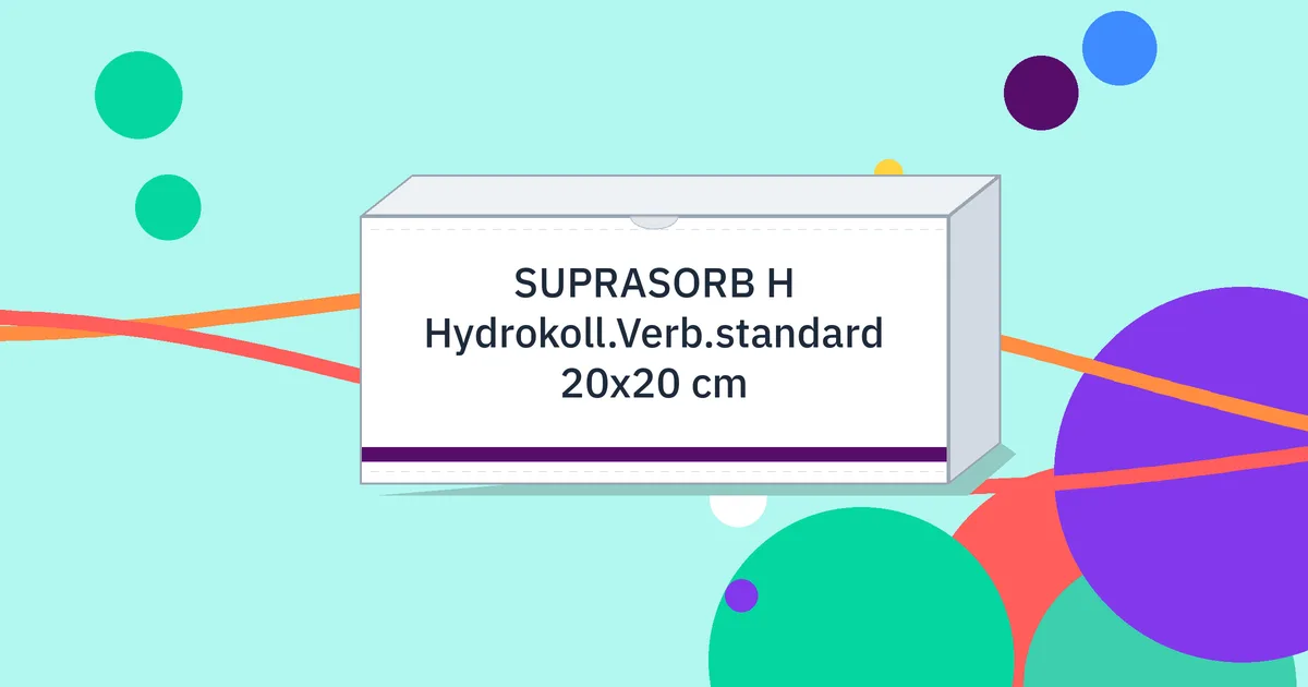 Symbolbild: Packung mit der Aufschrift SUPRASORB H Hydrokoll.Verb.standard 20x20 cm (PZN 13345404) – Verfügbarkeit und Bezug in Apotheken in Frankfurt am Main