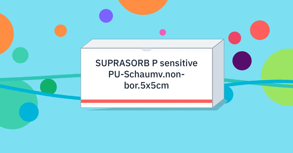 Symbolbild: Packung mit der Aufschrift SUPRASORB P sensitive PU-Schaumv.non-bor.5x5cm (PZN 15786006) – Verfügbarkeit und Bezug in Apotheken in Frankfurt am Main