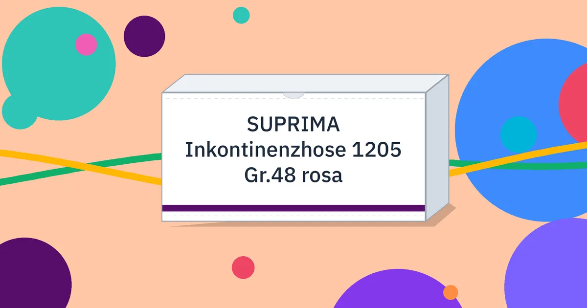 Symbolbild: Packung mit der Aufschrift SUPRIMA Inkontinenzhose 1205 Gr.48 rosa (PZN 03019715) – Verfügbarkeit und Bezug in Apotheken in Frankfurt am Main