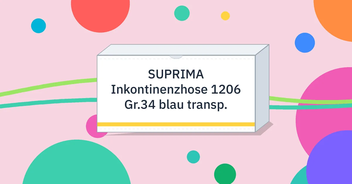 Symbolbild: Packung mit der Aufschrift SUPRIMA Inkontinenzhose 1206 Gr.34 blau transp. (PZN 01515137) – Verfügbarkeit und Bezug in Apotheken in Frankfurt am Main