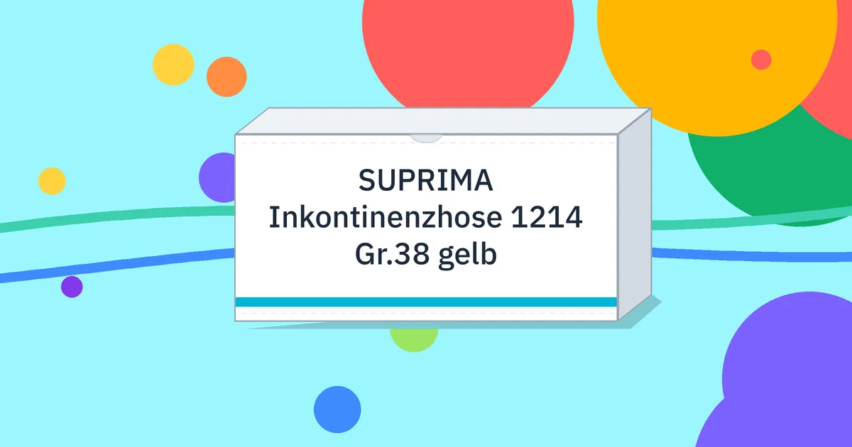 Symbolbild: Packung mit der Aufschrift SUPRIMA Inkontinenzhose 1214 Gr.38 gelb (PZN 02852084) – Verfügbarkeit und Bezug in Apotheken in Frankfurt am Main