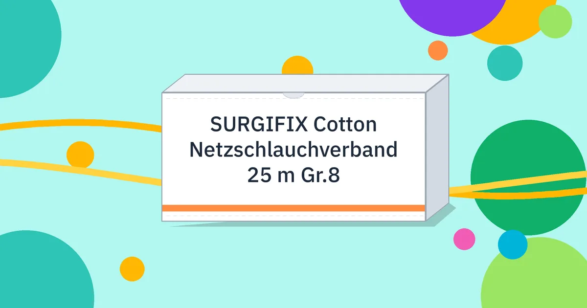 Symbolbild: Packung mit der Aufschrift SURGIFIX Cotton Netzschlauchverband 25 m Gr.8 (PZN 18386425) – Verfügbarkeit und Bezug in Apotheken in Frankfurt am Main