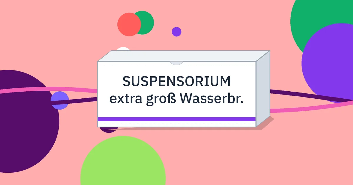 Symbolbild: Packung mit der Aufschrift SUSPENSORIUM extra groß Wasserbr. (PZN 02009577) – Verfügbarkeit und Bezug in Apotheken in Frankfurt am Main